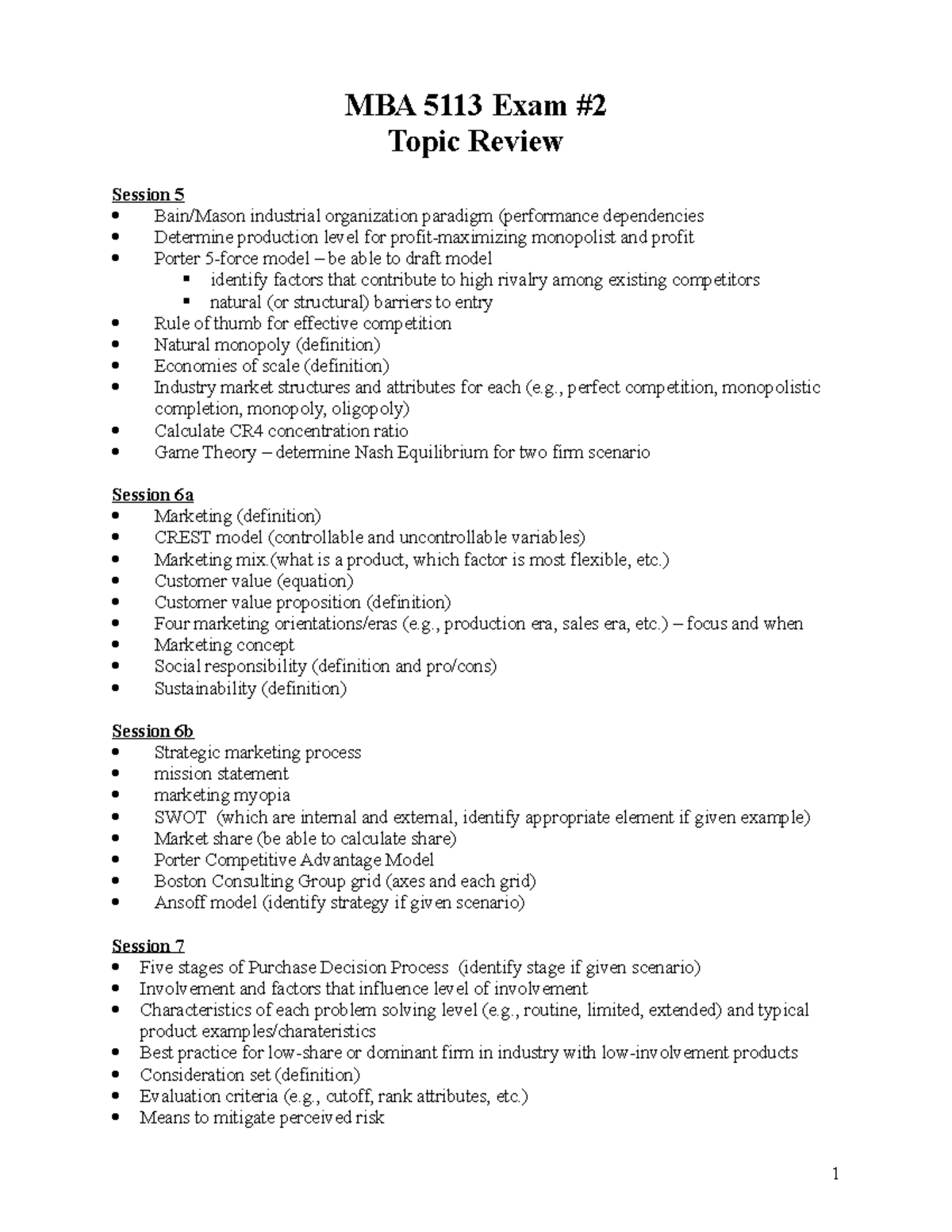 MBA 5113 Exam 2 Exam Topics (revised) - MBA 5113 Exam Topic Review ...