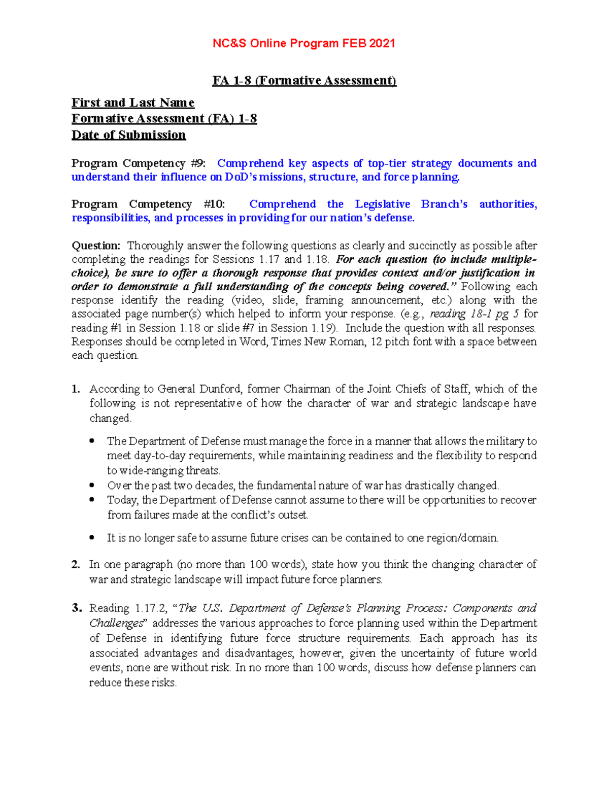 FA 1-8 Question (Word Template) - NC&S Online Program FEB 2021 FA 1-8 ...
