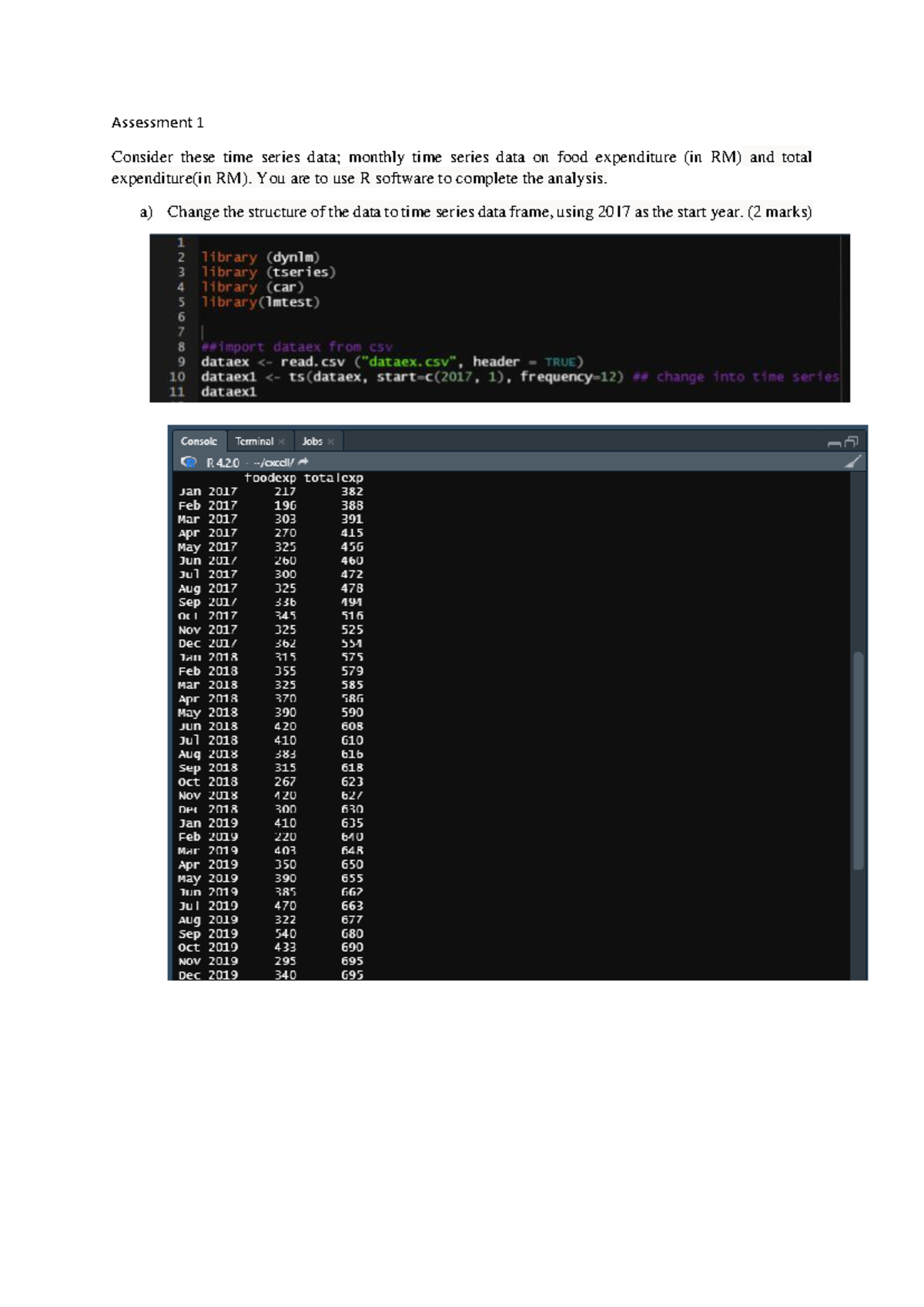 STA Lab 1 - R programming, heteroscedasticity - Assessment 1 Consider these time series data ...