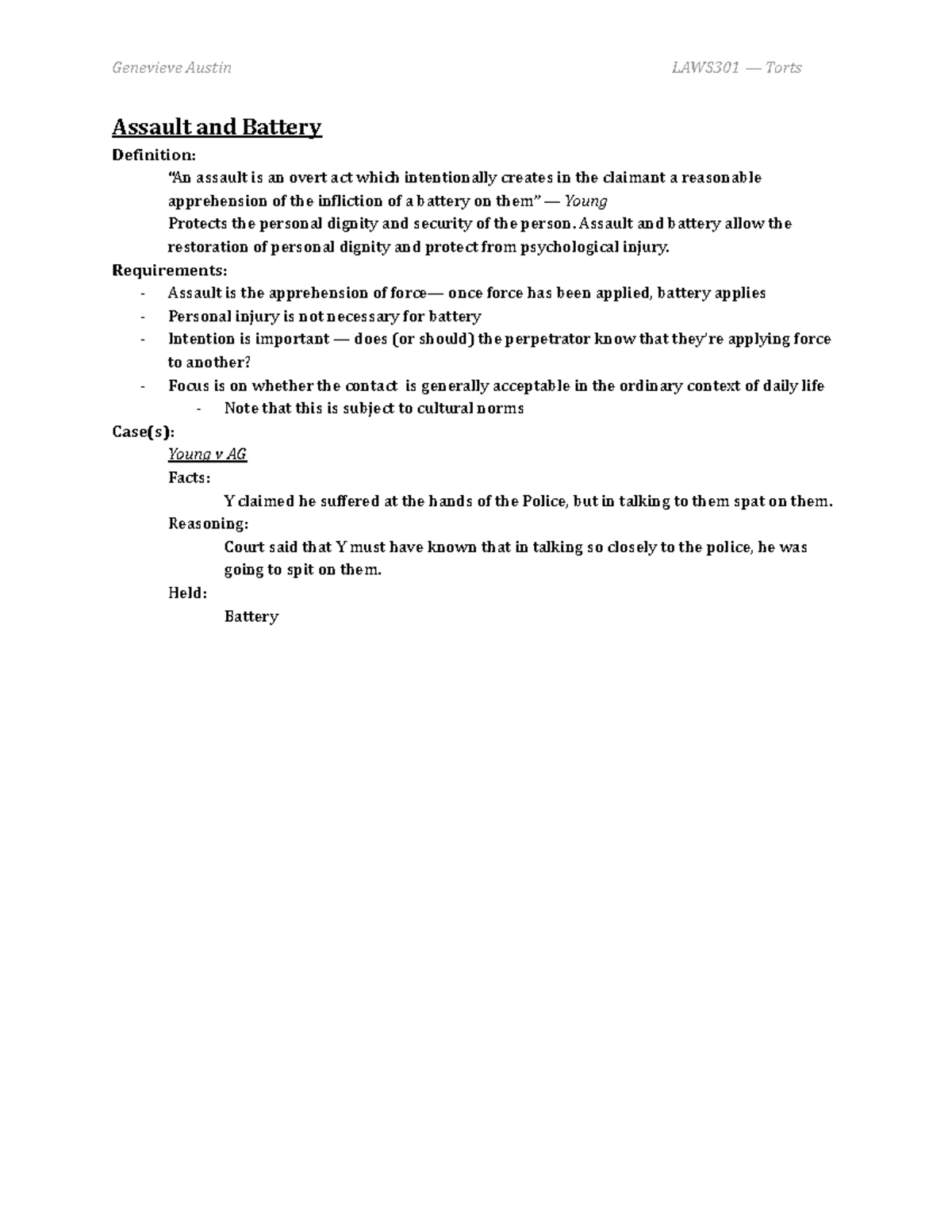 Sem 1 Test Cheat Sheet - Assault and Battery Definition: “An assault is ...