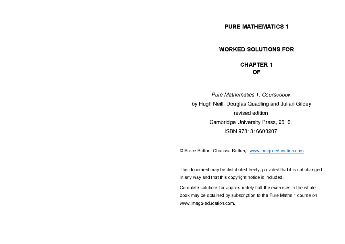 Maths P1 Solutions Chapter 1 - PURE MATHEMATICS 1 WORKED SOLUTIONS FOR ...