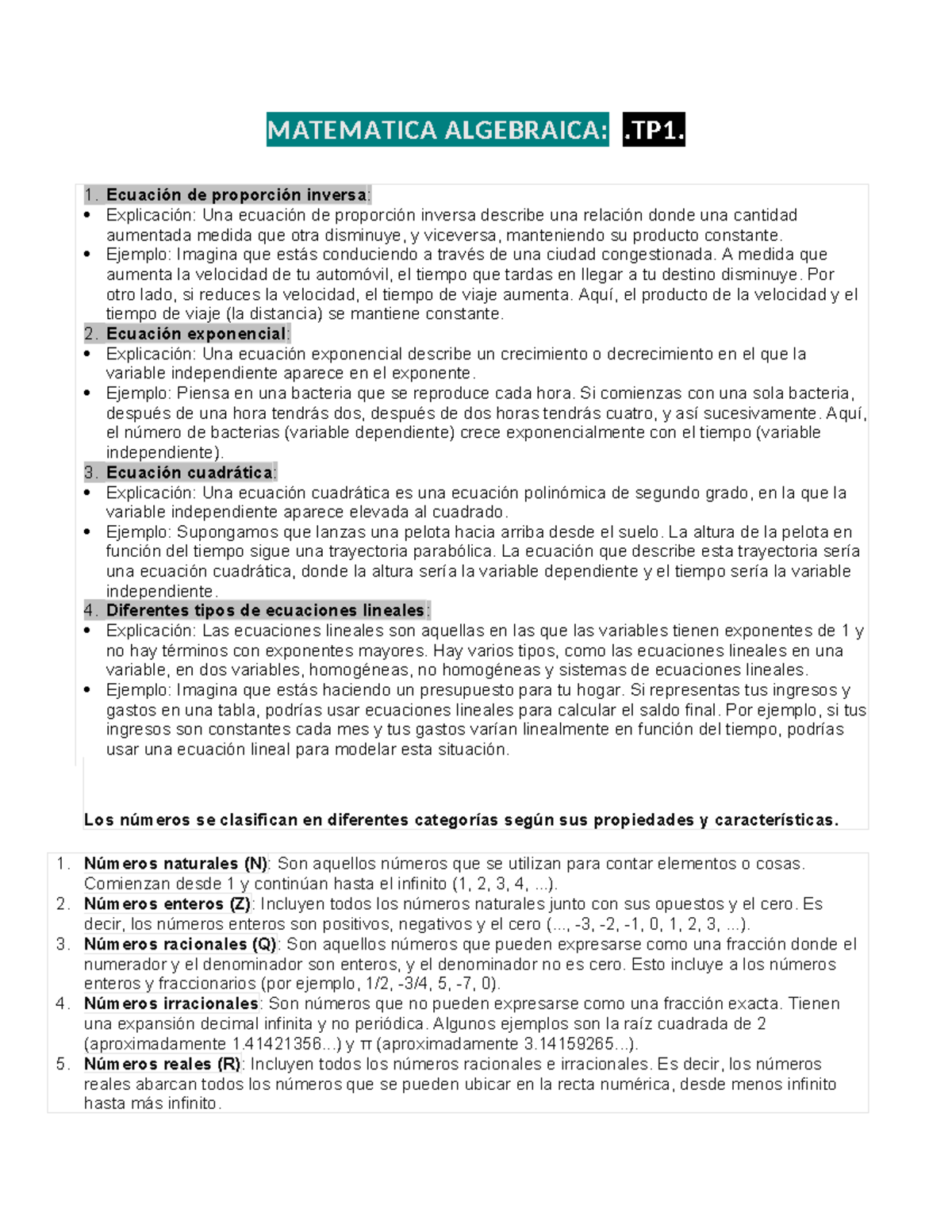 Matematica Parcial 1 - MATEMATICA ALGEBRAICA: .TP1. 1. Ecuación de proporción inversa: - Studocu