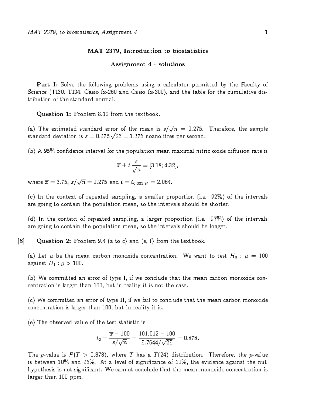 Assignment 4 sol - MAT 2379, Introduction to biostatistics Assignment 4 - solutions Part I ...