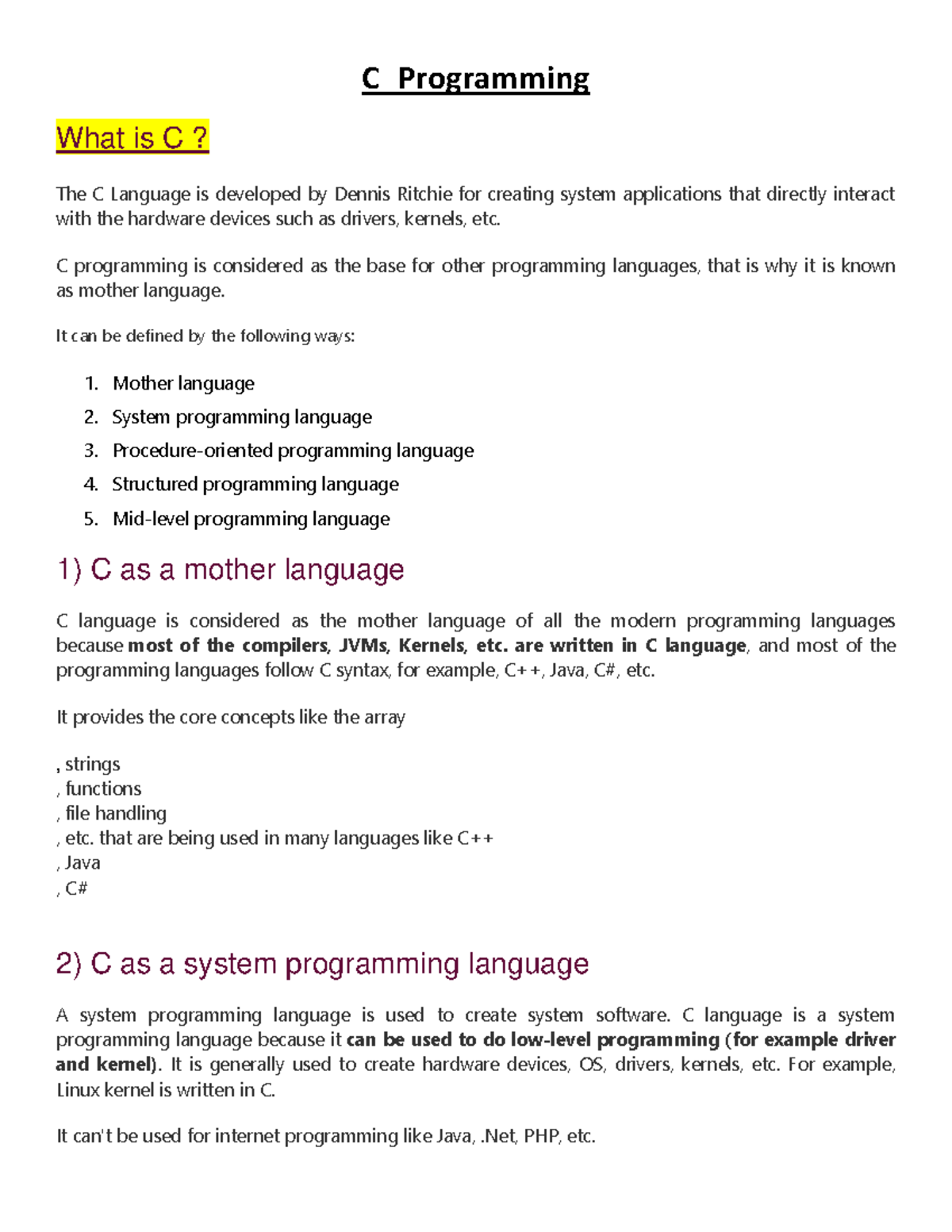 C Prog Notes Cprogramming What Is C The C Language Is Developed By