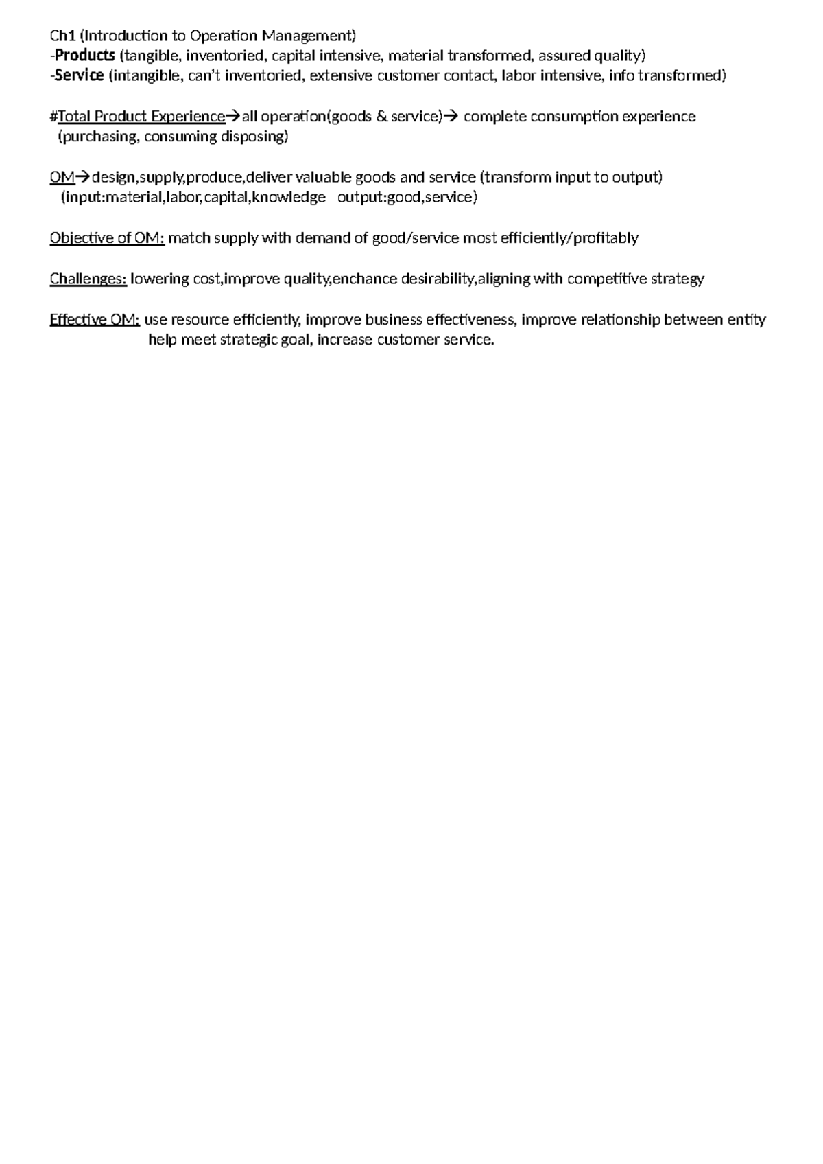 OM notes - Ch1 (Introduction to Operation Management) Products ...