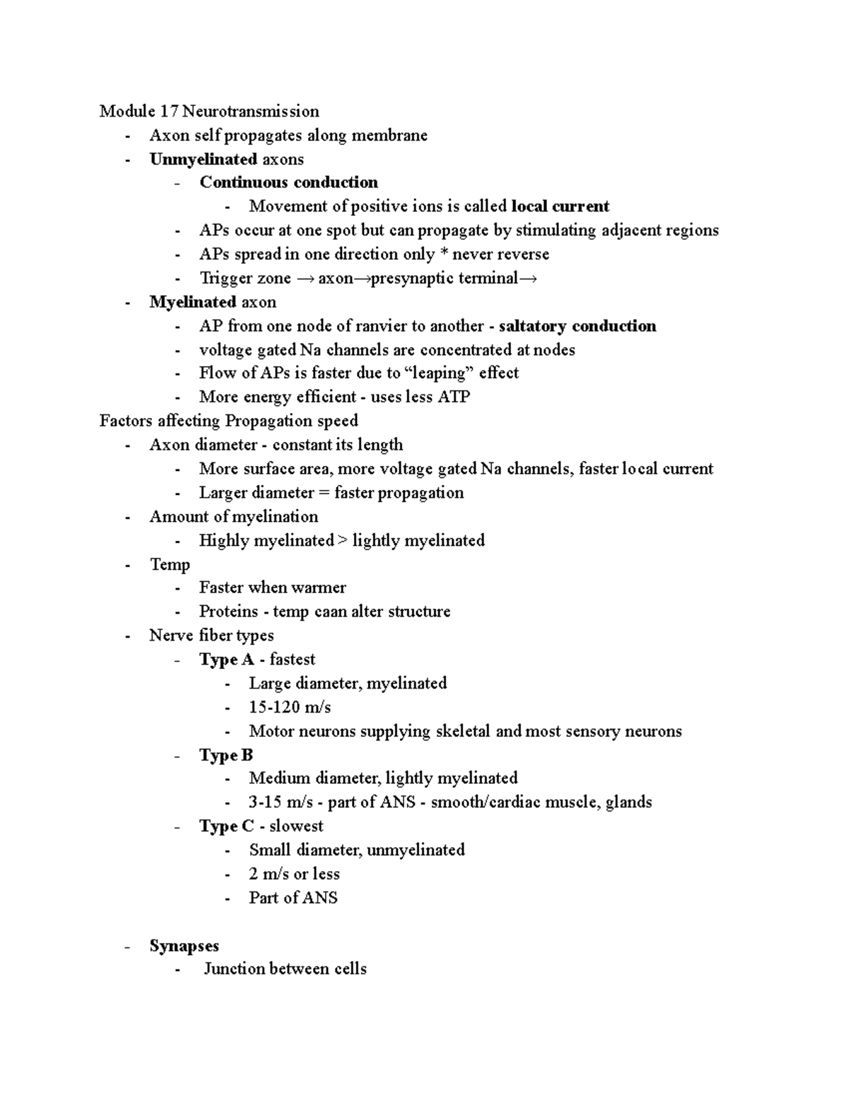 Anatomy test 6 - notes for test 6 - Module 17 Neurotransmission - Axon ...