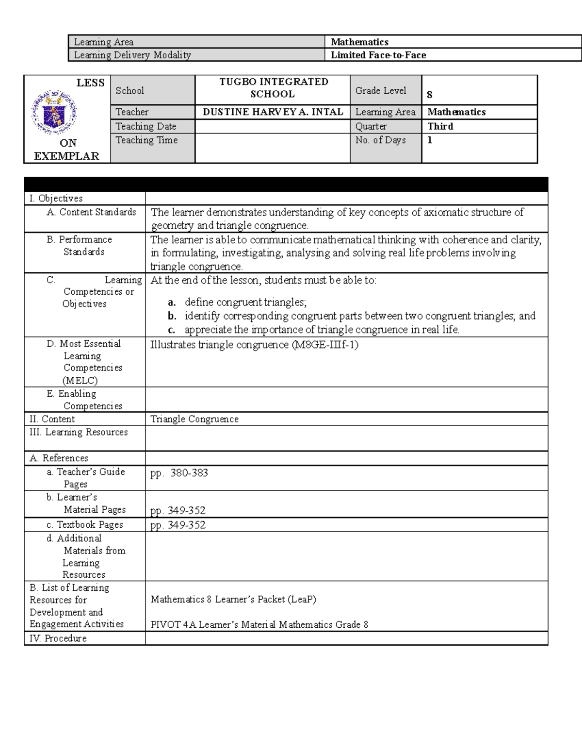 Lesson-Exemplar COT1 - Learning Area Mathematics Learning Delivery ...