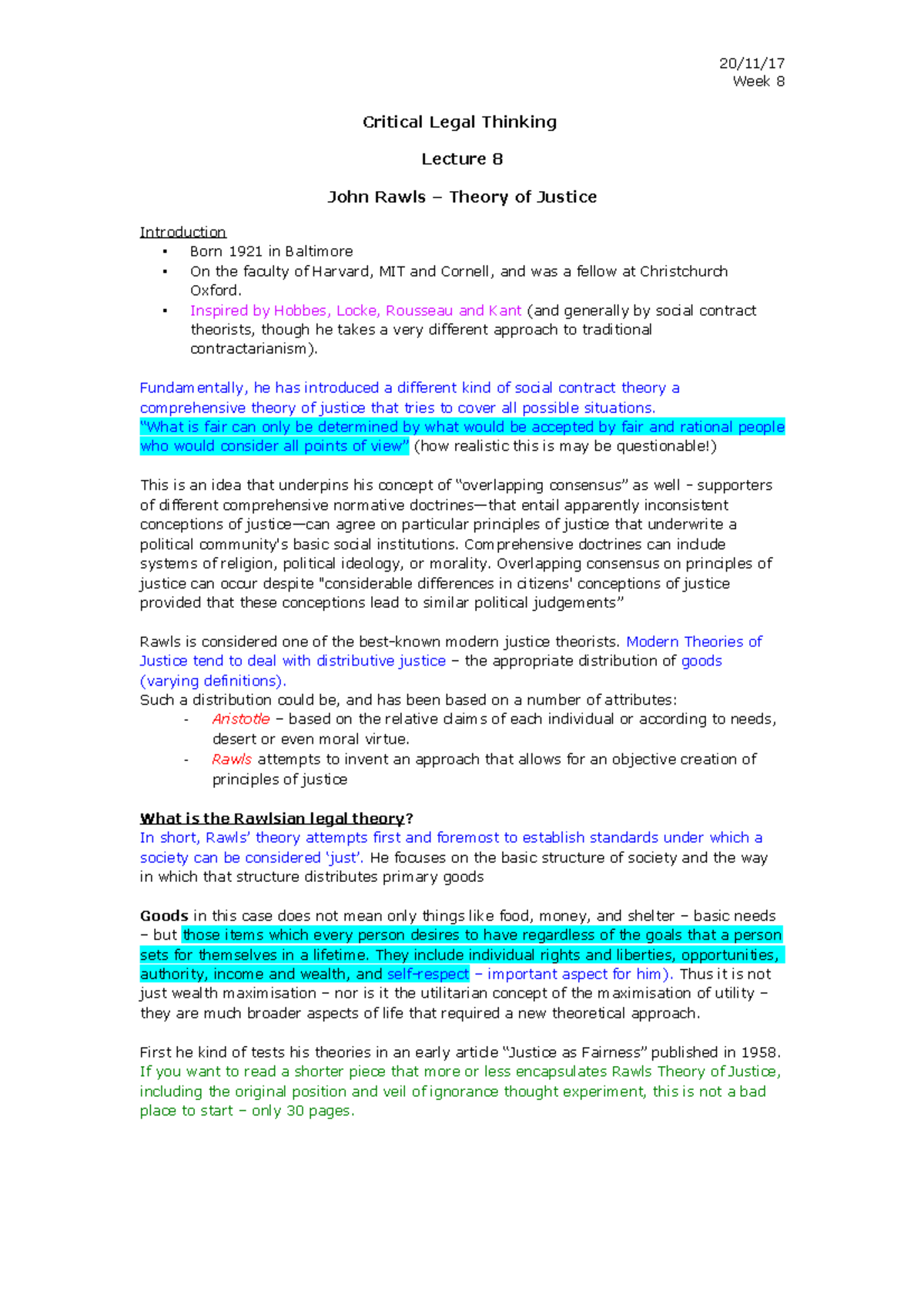 Rawls - Theory of Justice - Week 8 Critical Legal Thinking Lecture 8 ...