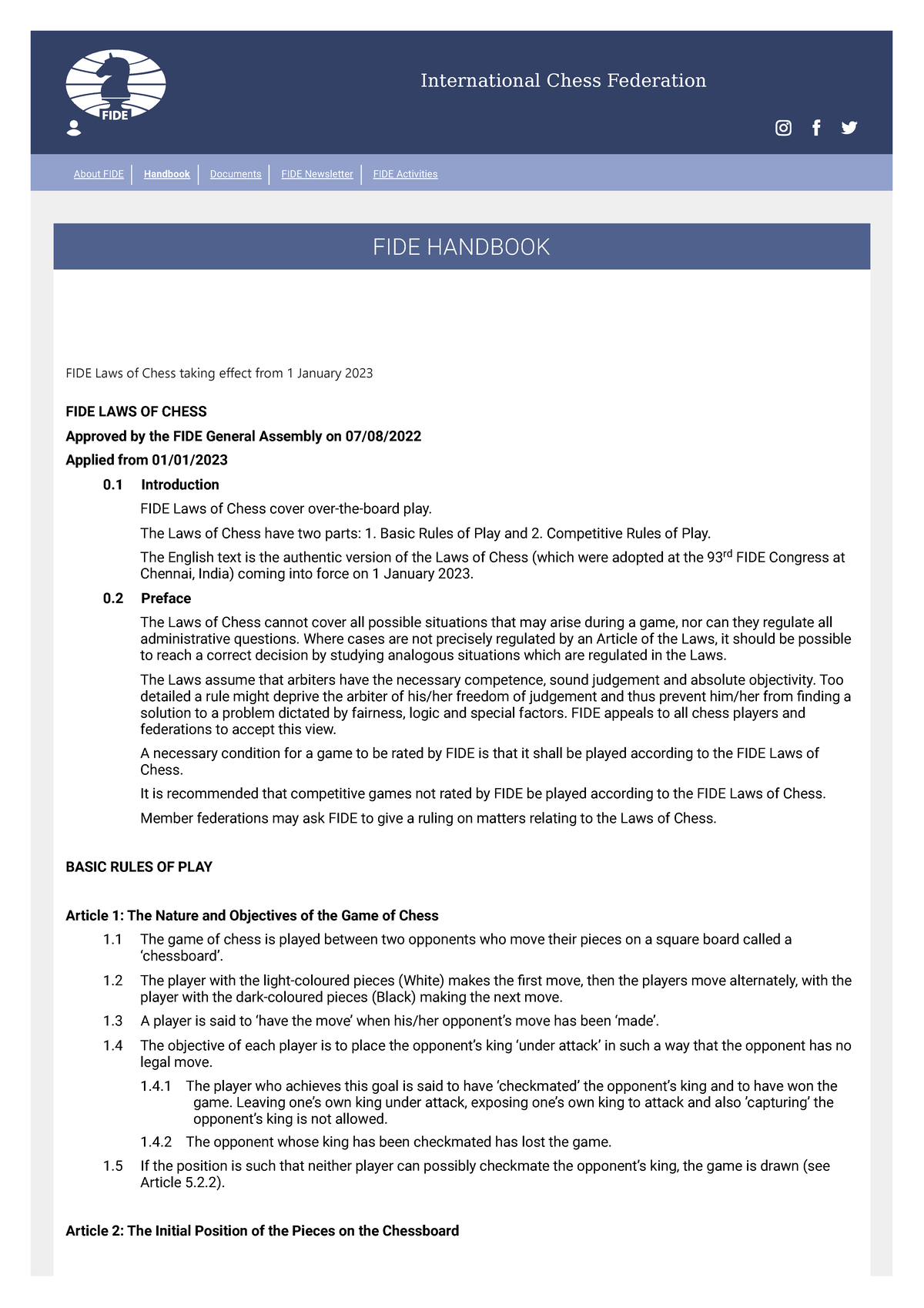 FIDE Handbook E. Miscellaneous 01. Laws of Chess FIDE Laws of Chess ...