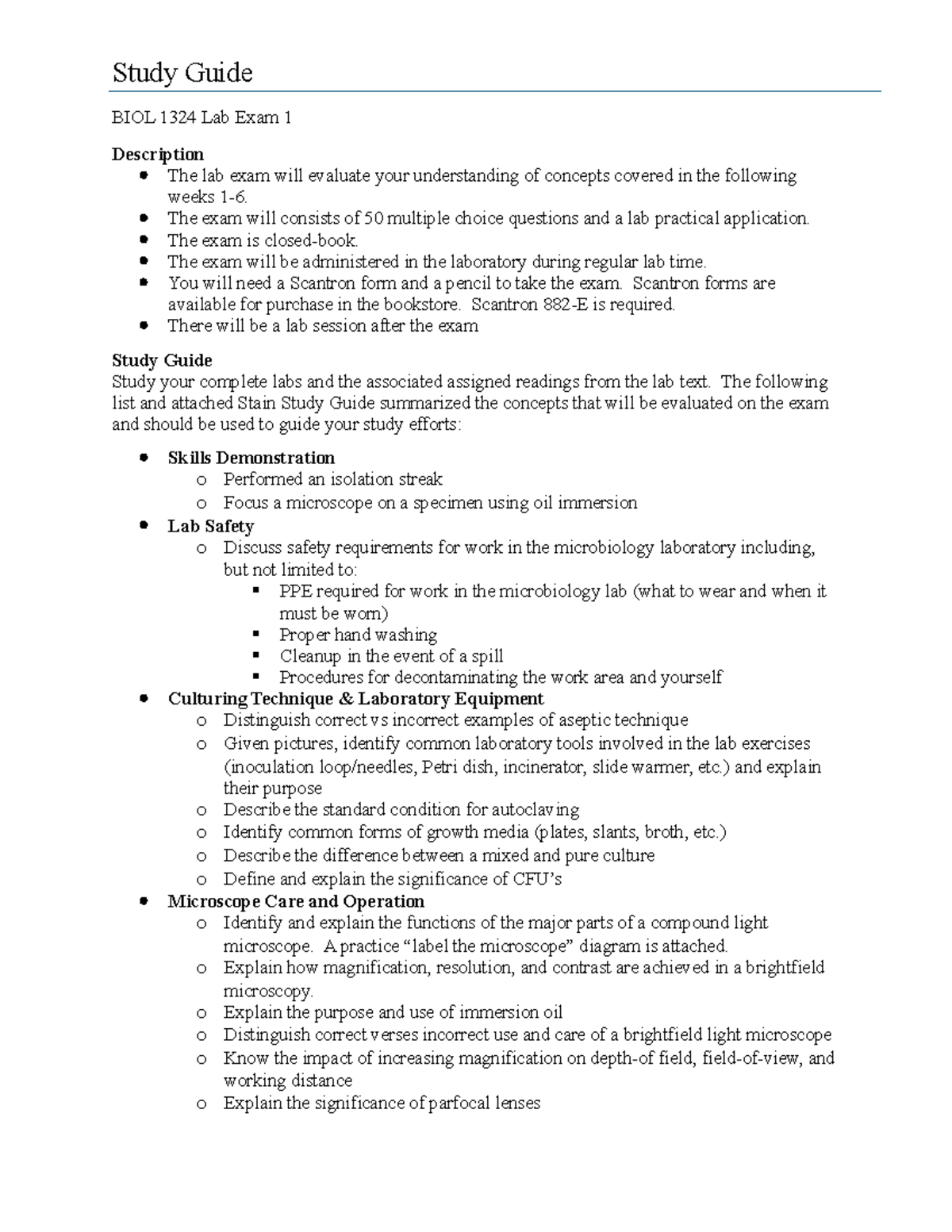Lab Study Guide - Study Guide BIOL 1324 Lab Exam 1 Description The lab ...