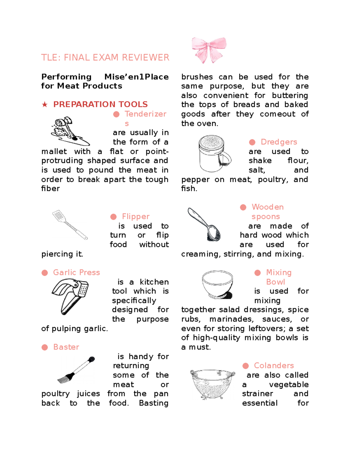 Revs lessons 2019 - TLE: FINAL EXAM REVIEWER Performing Mise’en1Place ...