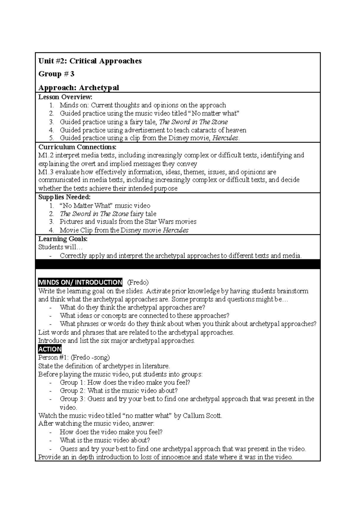 Critical Approaches Lesson Plan Is the. b - Unit #2: Critical ...