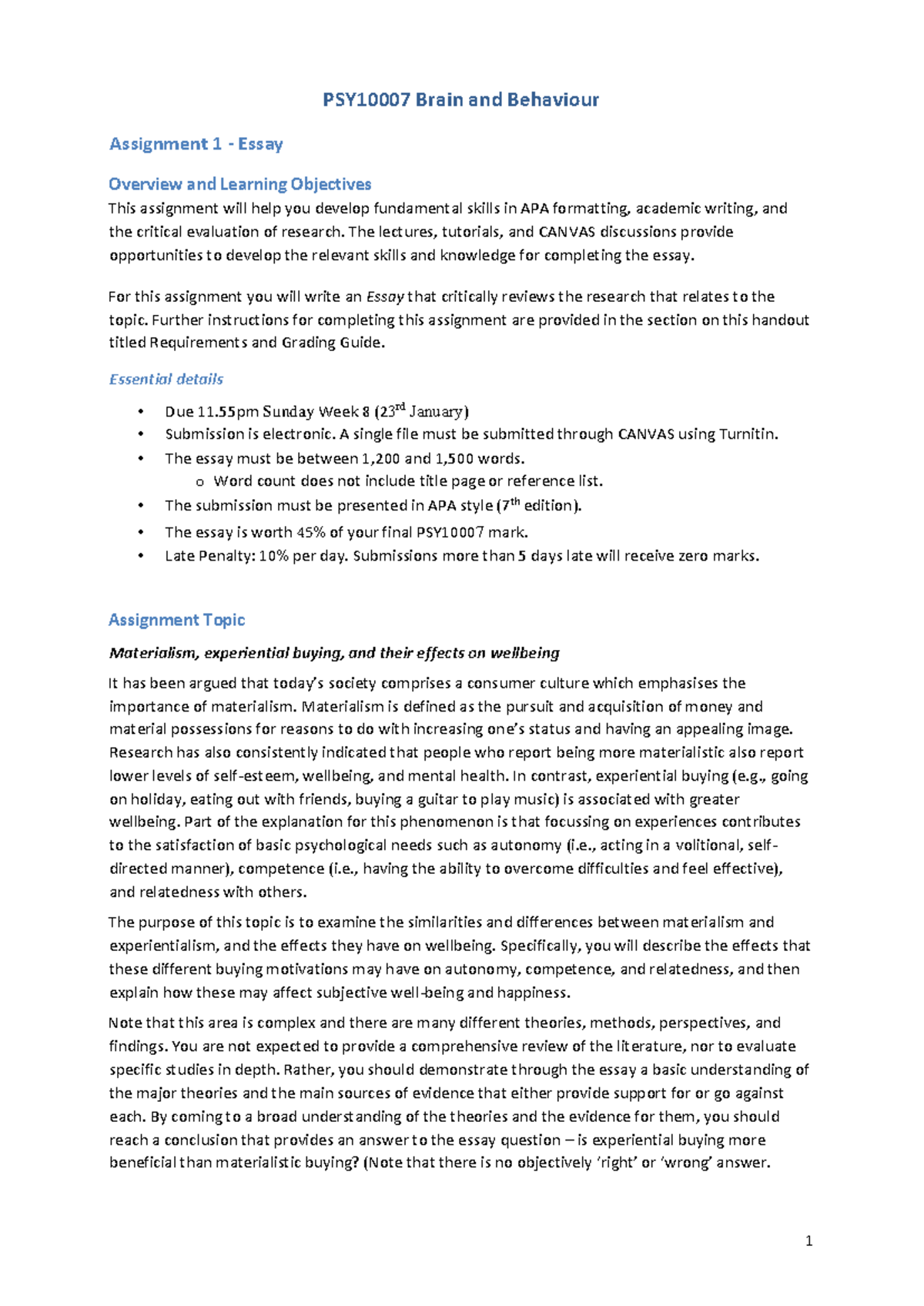 PSY10007-SP4-2021-Assignment 1-handout - PSY10007 Brain and Behaviour Assignment 1 - Essay ...