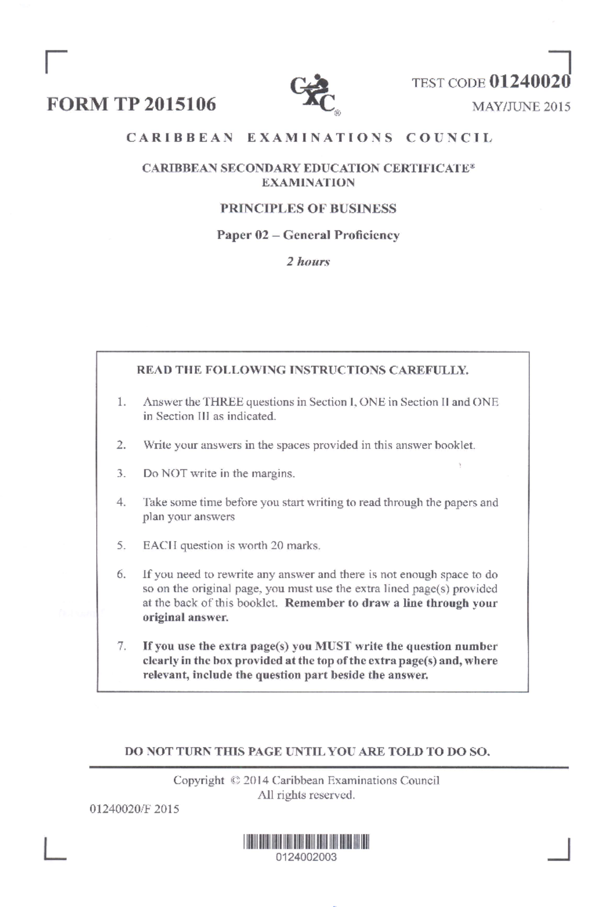 CSEC POB P2 2015 - CSEC exam paper 2015 - TEST CODE 01240020 FORM TP ...