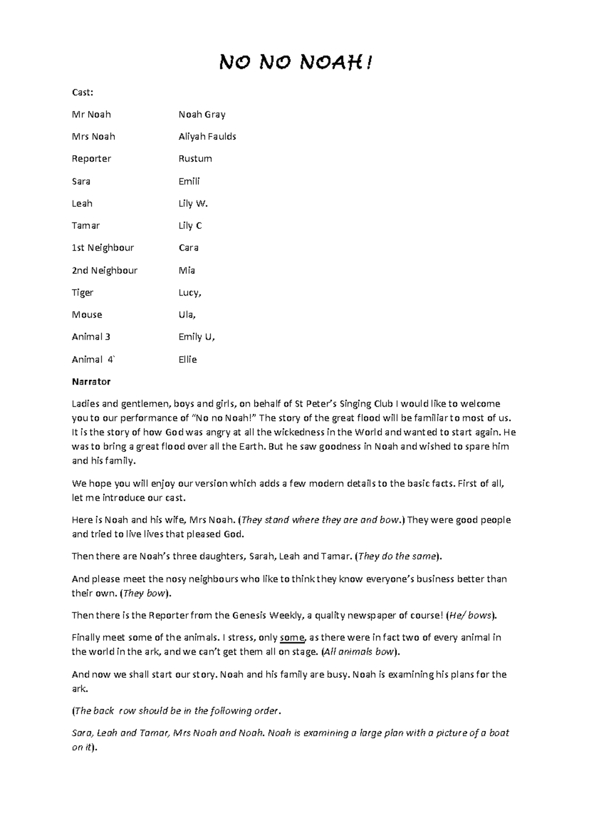 Noah script final version - NO NO NOAH! Cast: Mr Noah Noah Gray Mrs ...