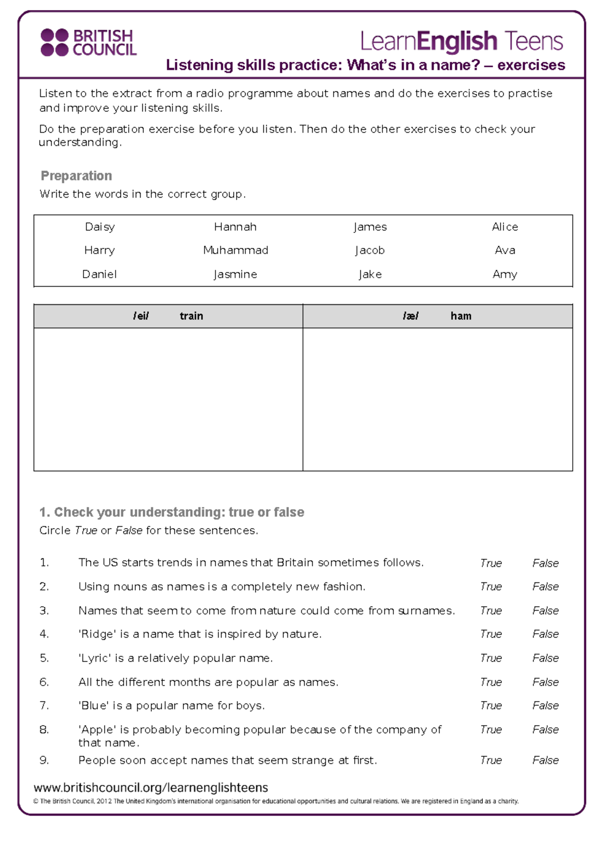 Whats in a name - exercises 1 - Listening skills practice: What’s in a ...