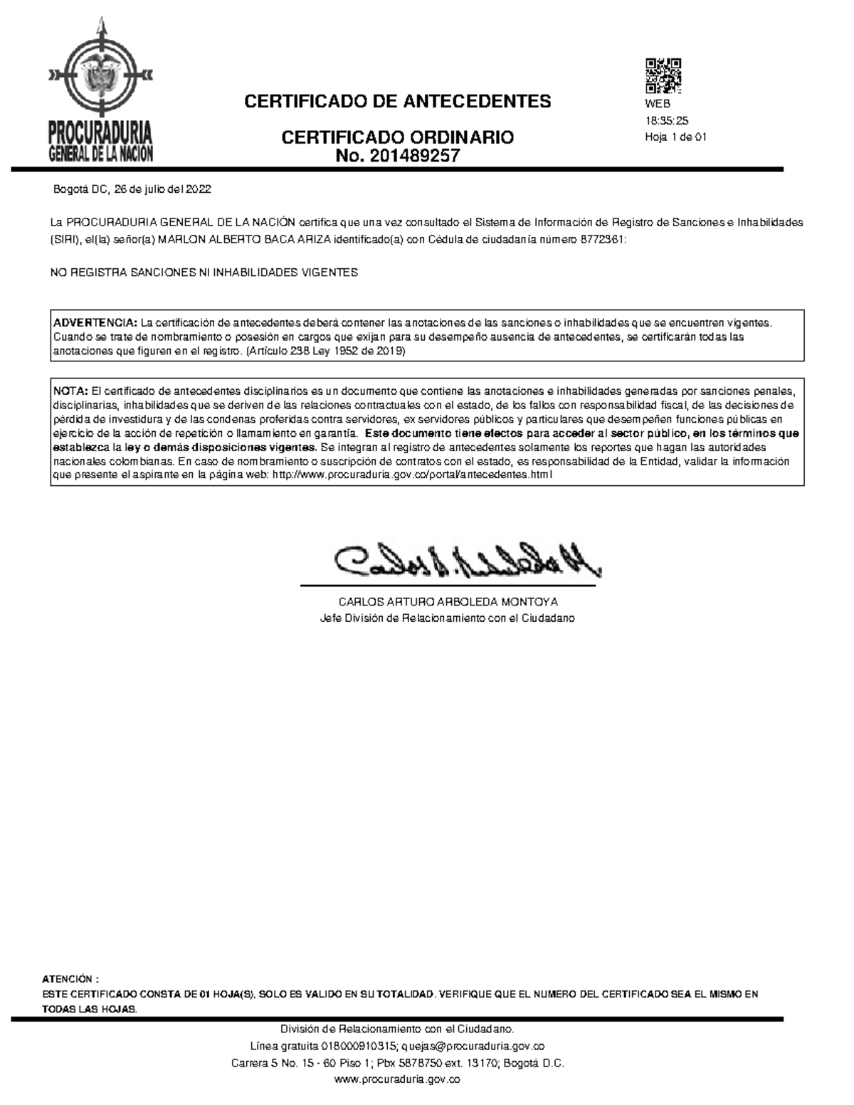 Certificado - once - Bogotá DC, 26 de julio del 2022 La PROCURADURIA GENERAL DE LA NACIÓN ...
