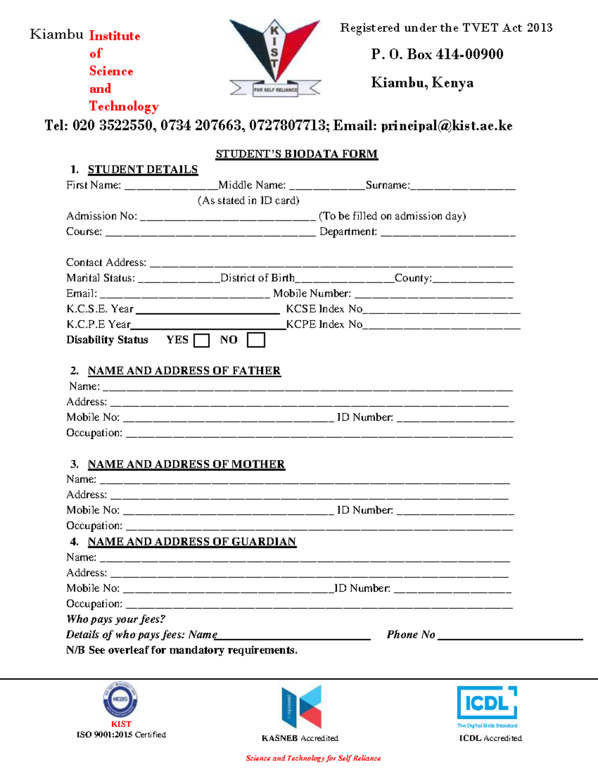 Admission Biodata FORM - Science and Technology for Self Reliance ...