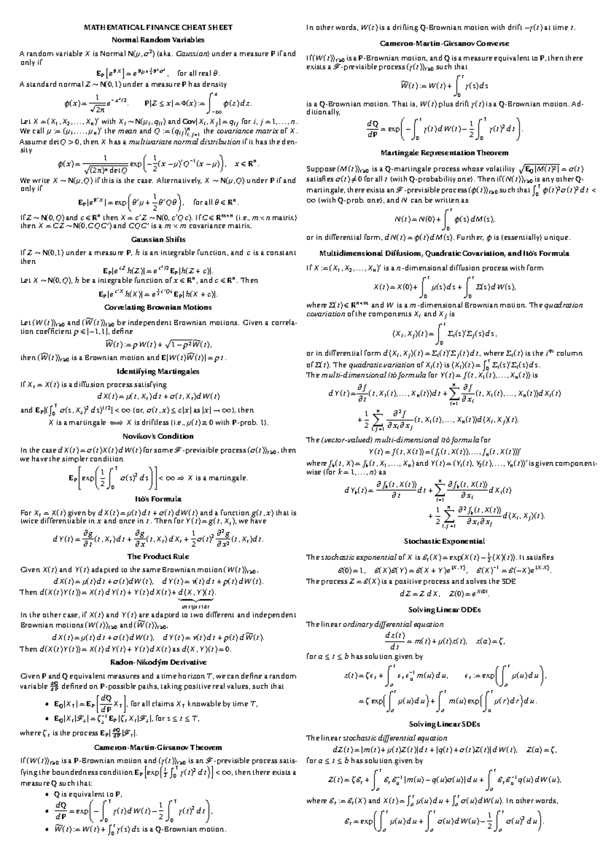 Math finance cheat sheet - MATHEMATICAL FINANCE CHEAT SHEET Normal ...