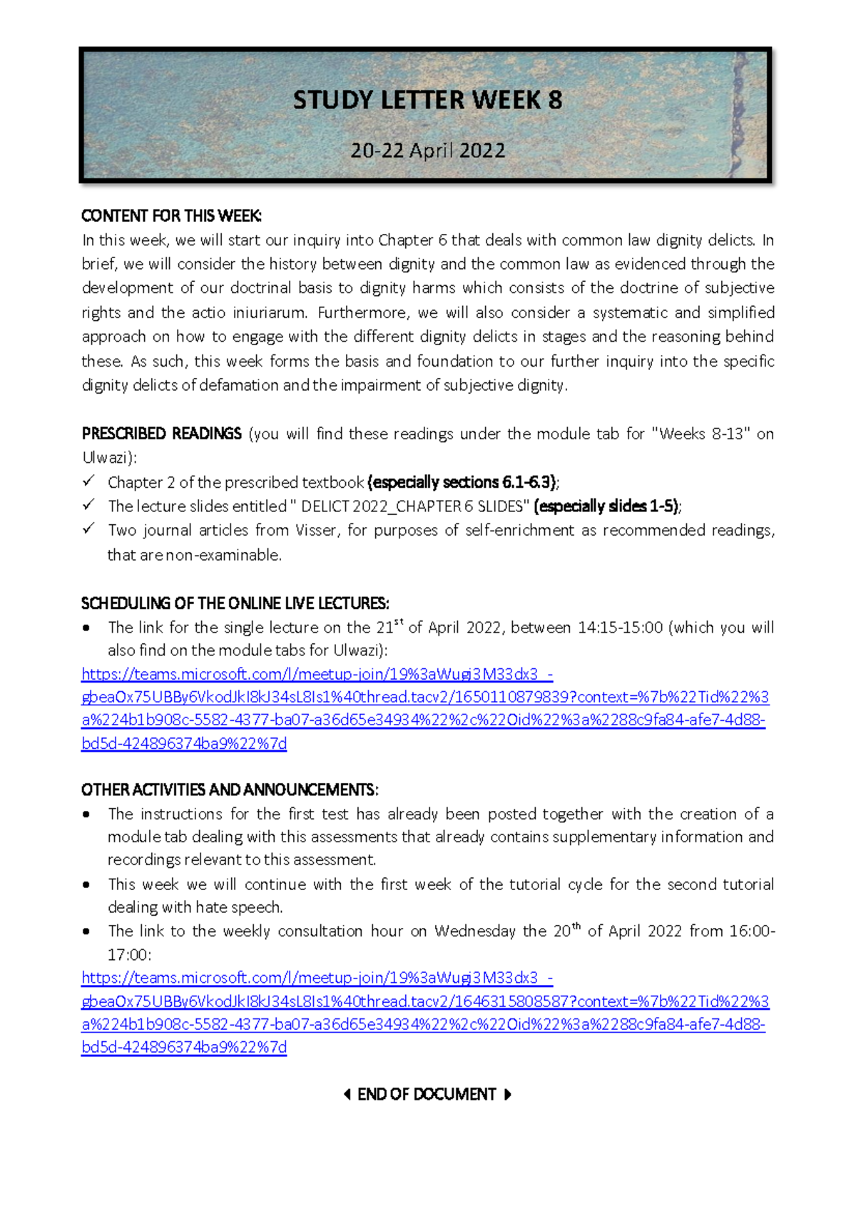 Study+Letter+Week+8 - Important guideline with cases - STUDY LETTER ...