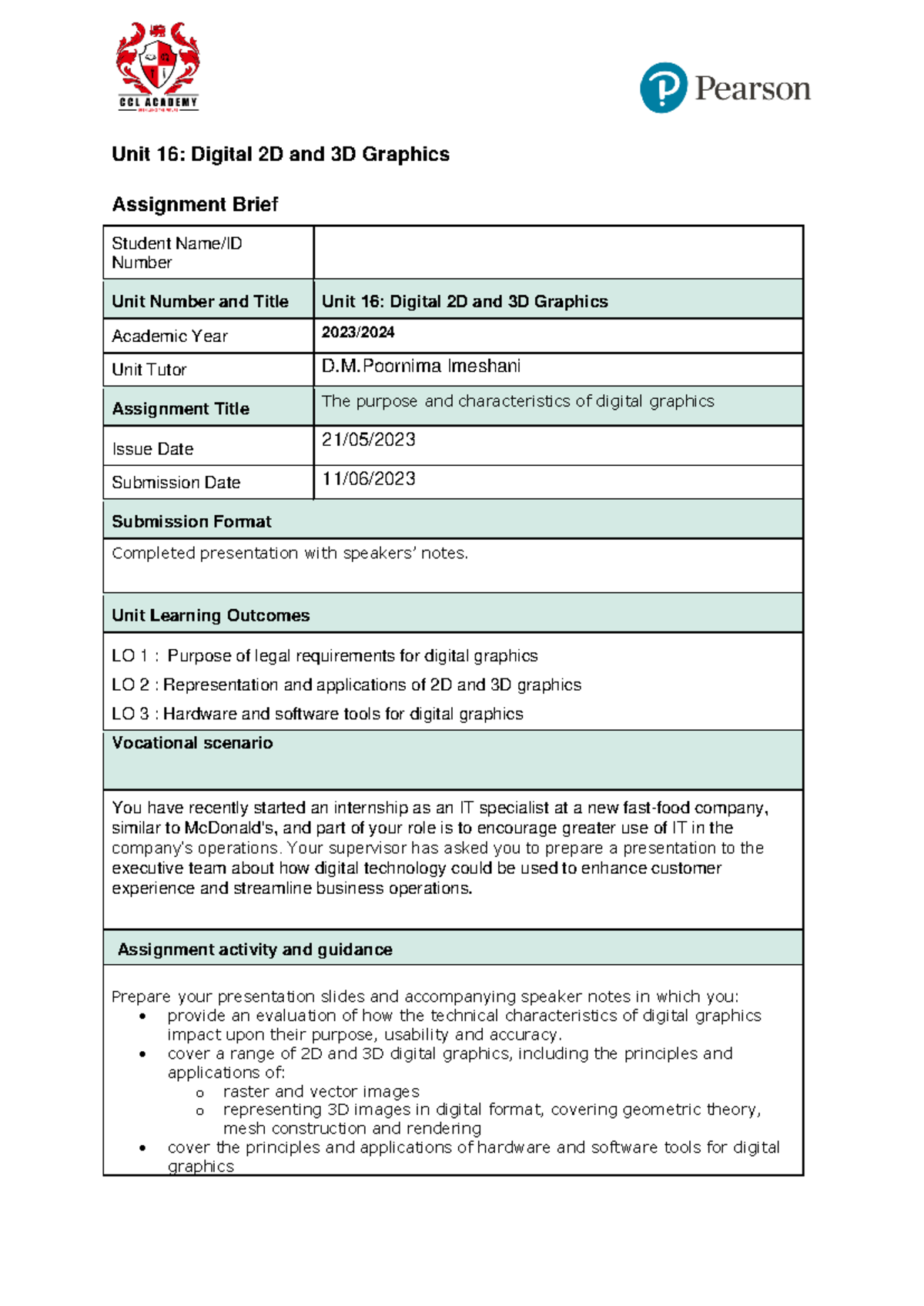 2D and 3D Graphics Assignment 1 - Unit 1 6 : Digital 2D and 3D Graphics ...