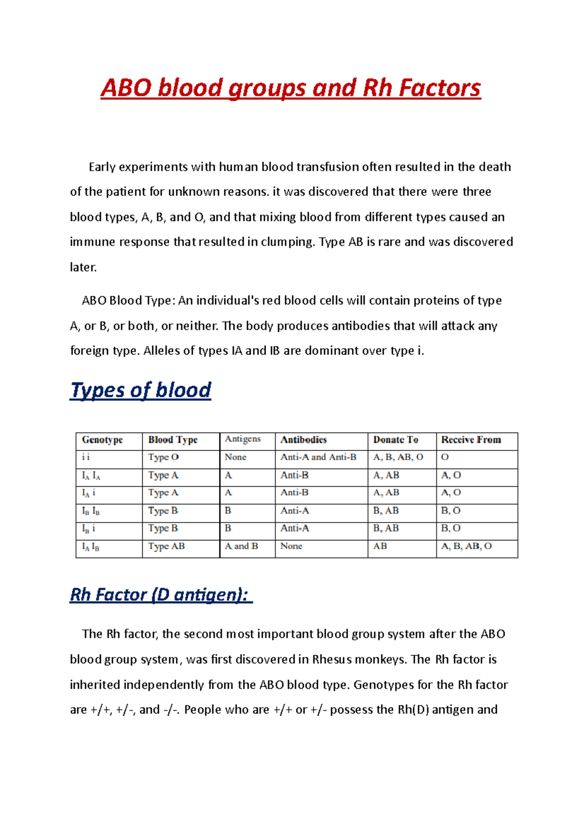 ABO blood groups and Rh Factors - it was discovered that there were ...