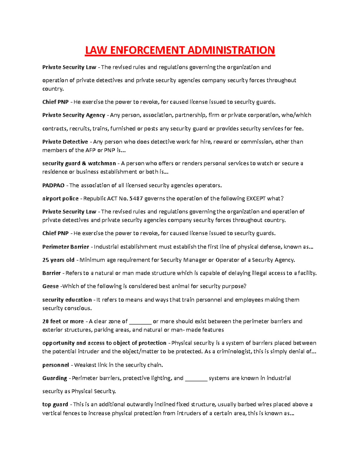 Law Enforcement Administration Part 2 Law Enforcement Administration Private Security Law