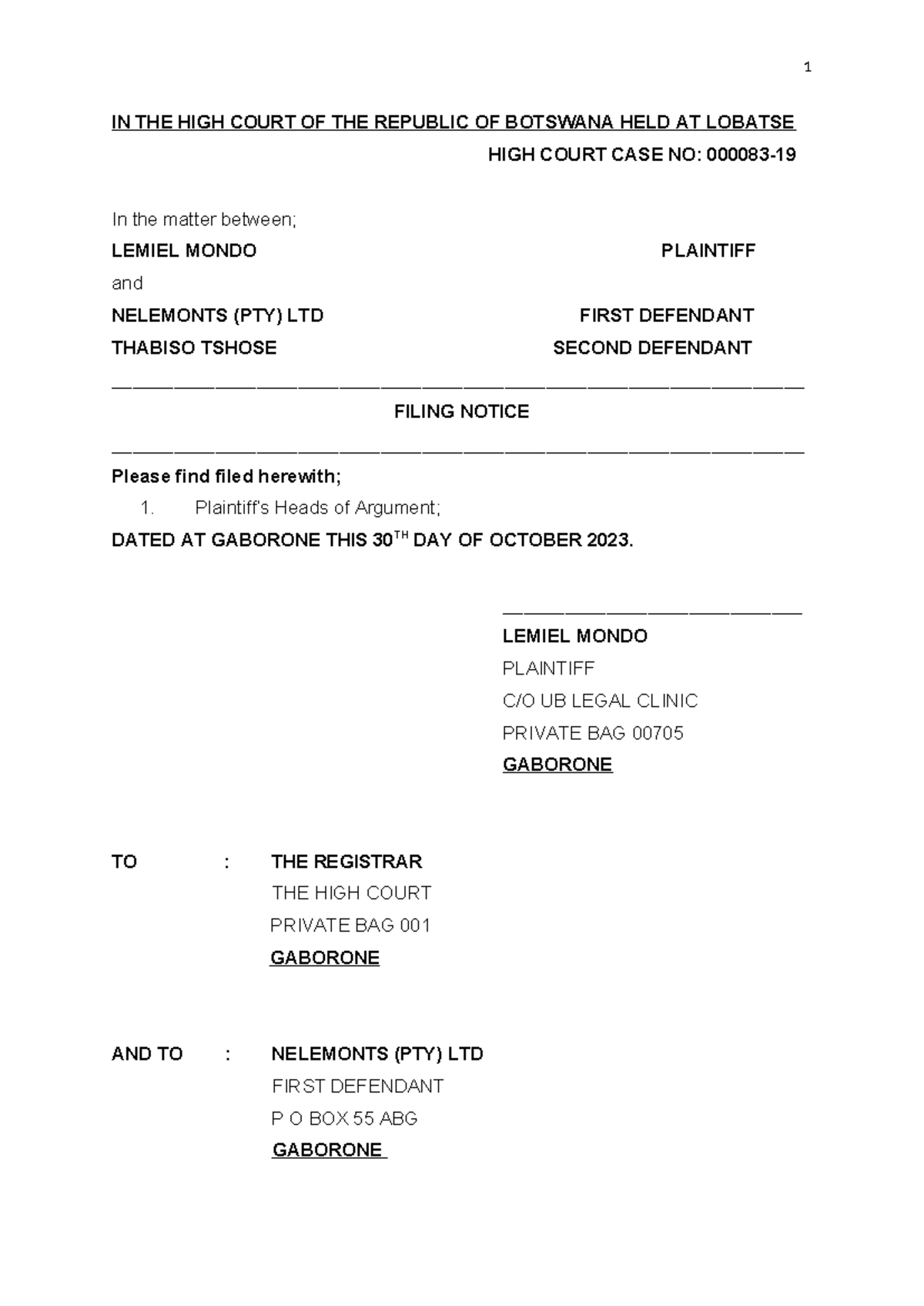 Heads of Argument ( Final) - IN THE HIGH COURT OF THE REPUBLIC OF ...
