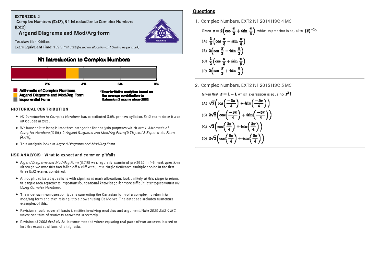 Complex numbers past HSC 2 - EXTENSION 2 Complex Numbers (Ext2), N1 Introduction to Complex ...