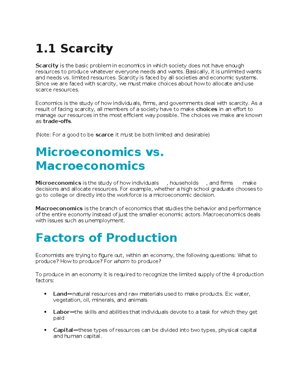 Unit 1 macro - notes - 1 Scarcity Scarcity is the basic problem in ...