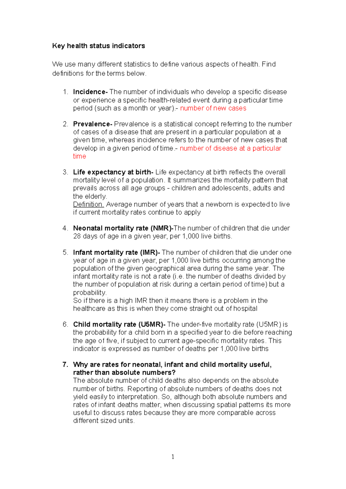 Week 1 health indicators worksheet - Key health status indicators We ...