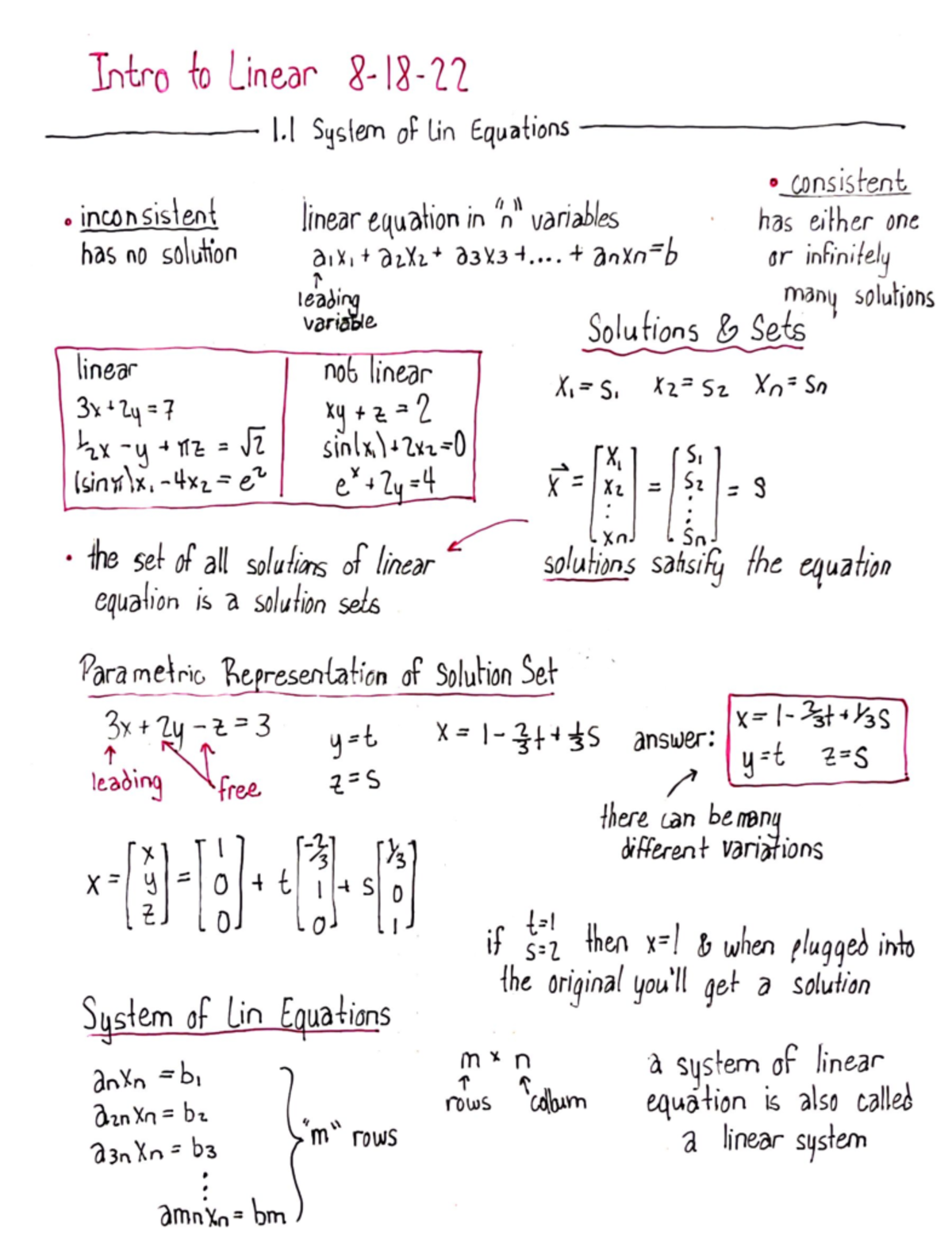 LIN 8-18-22 - Linear Algebra Notes - Intro to Linear 8-18- inconsistent ...