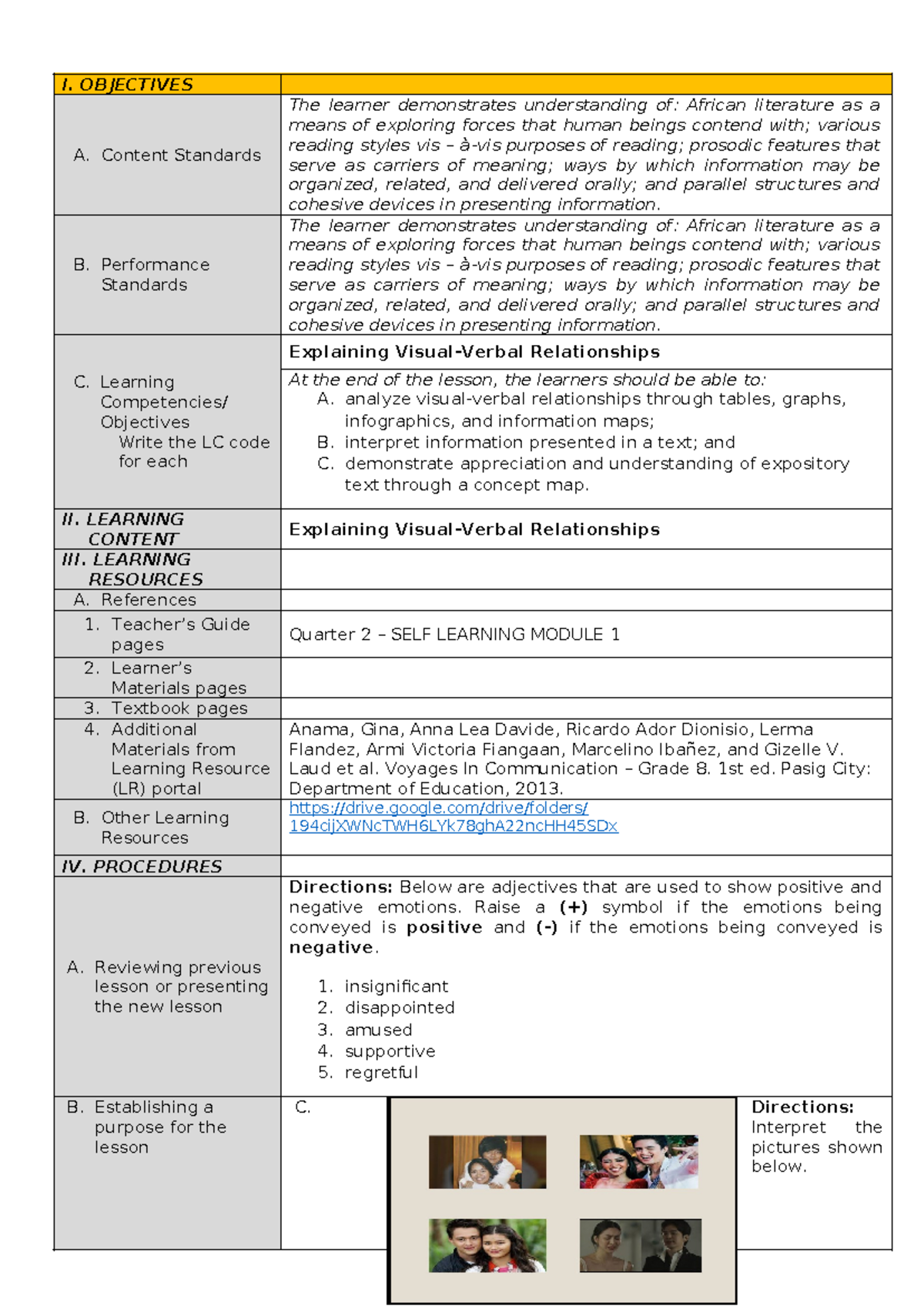 Visual verbal relationship - I. OBJECTIVES A. Content Standards The ...