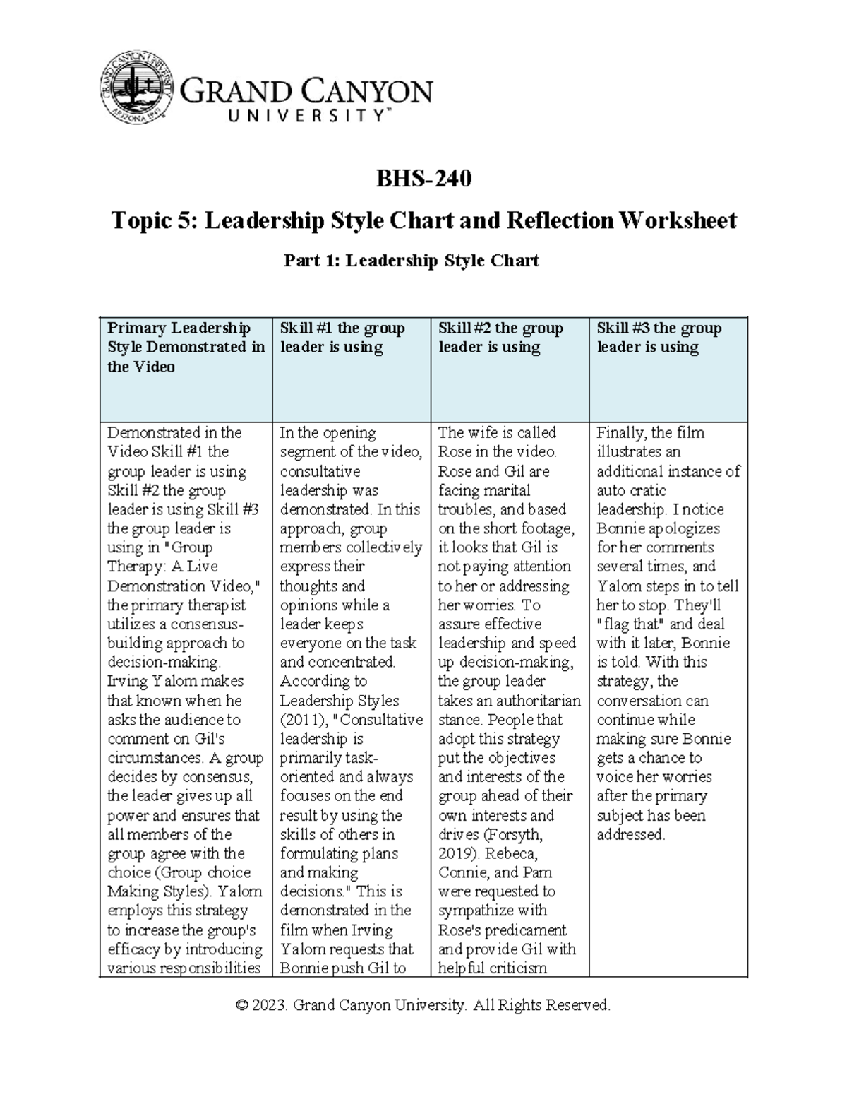 BHS 240 RS T5 - Leadership Style Chart Reflection Worksheet - BHS ...