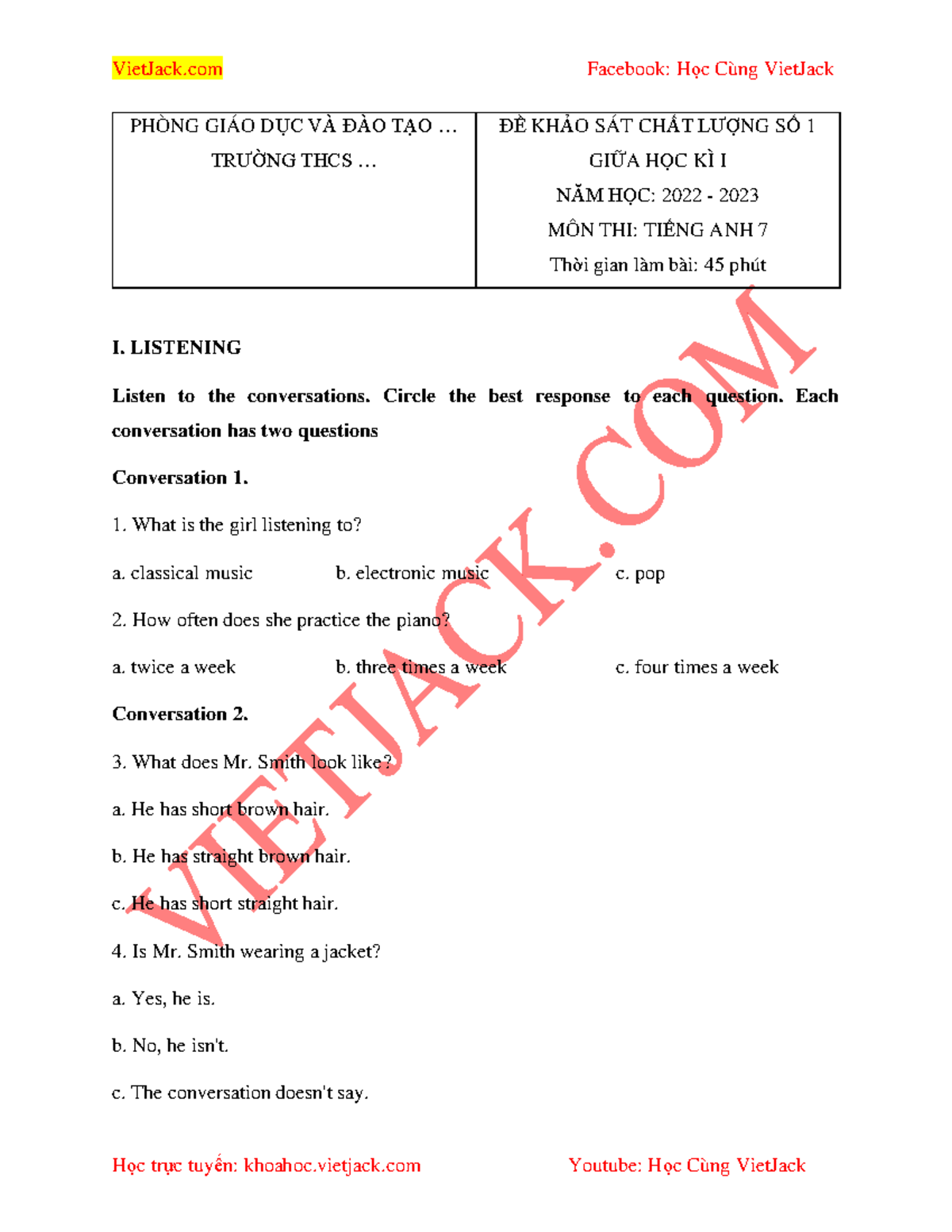 De thi giua ki 1 tieng anh lop 7 canh dieu - PHÒNG GIÁO DỤC VÀ ĐÀO TẠO ... TRƯỜNG THCS ... ĐỀ ...