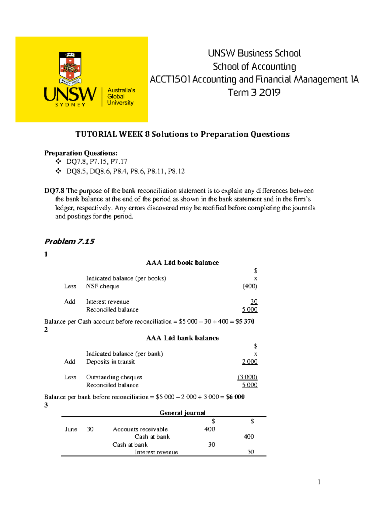 2019 T3 PQ Ans Wk8 - ACCT1501 - TUTORIAL WEEK 8 Solutions to ...