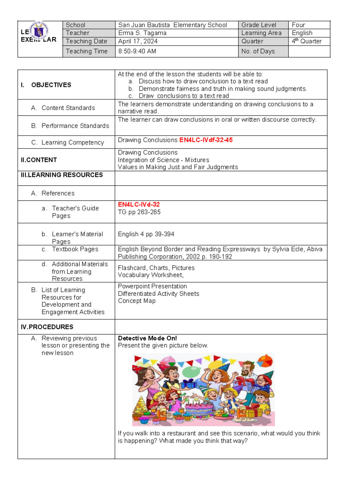 COT 4 Drawing Conclusions - LESSON EXEMPLAR School San Juan Bautista ...