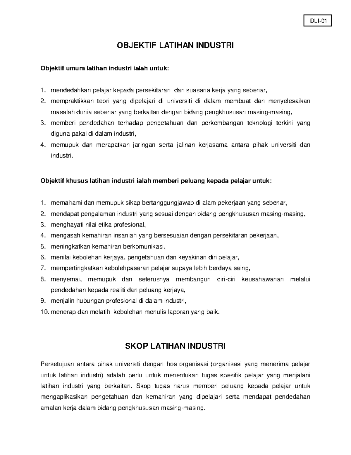 DL-01 -Objektif dan Skop latihan industri - DLI- 01 OBJEKTIF LATIHAN ...