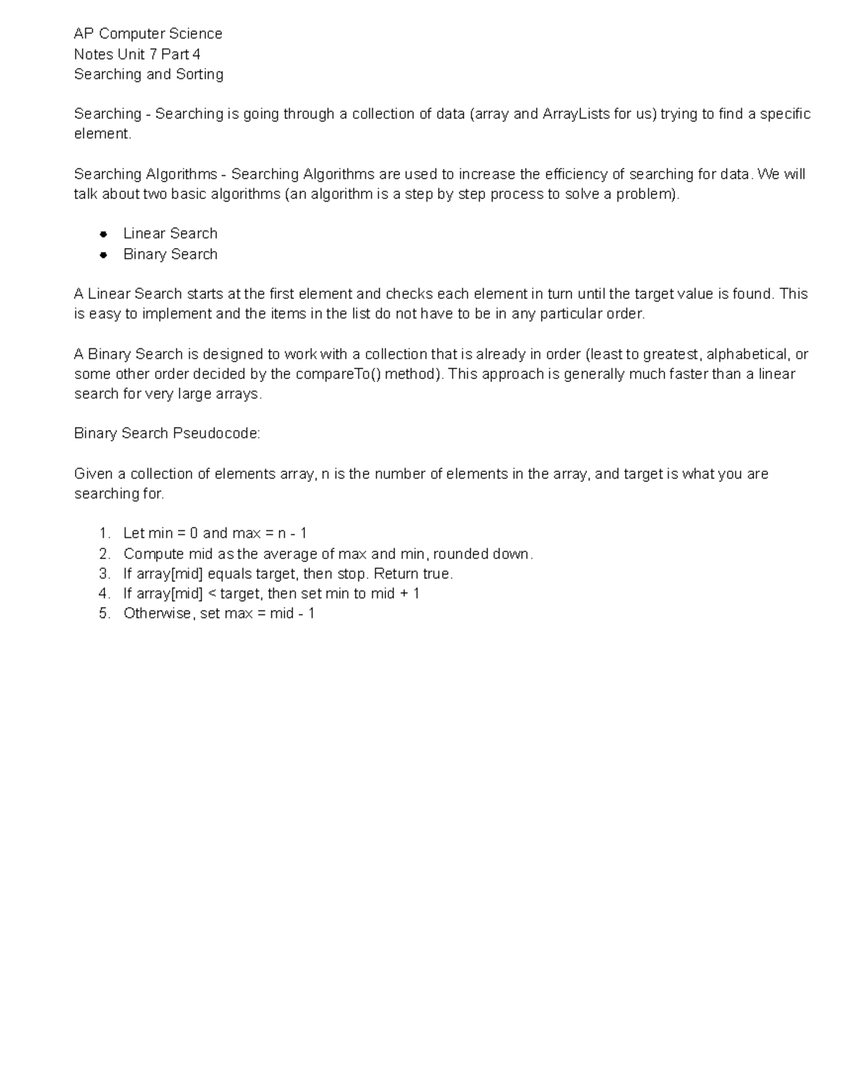 Unit 7 Notes Part 4 Ap Computer Science Notes Unit 7 Part 4 Searching And Sorting Searching