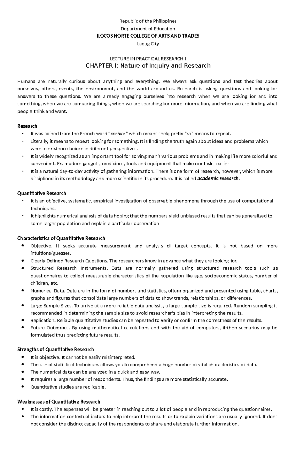 Practical Research I: Chapter I Nature and Inquiry - Republic of the ...