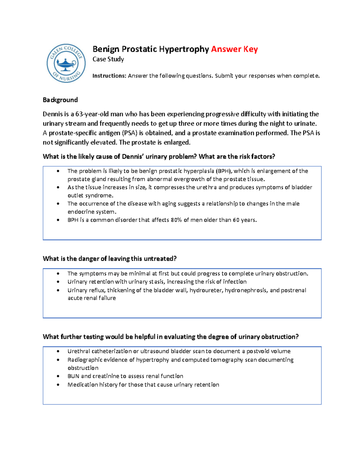 BPH Case Study Answer Key - Benign Prostatic Hypertrophy Answer Key ...