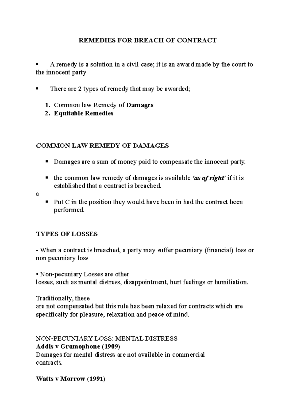 Remedies- online - REMEDIES FOR BREACH OF CONTRACT A remedy is a ...