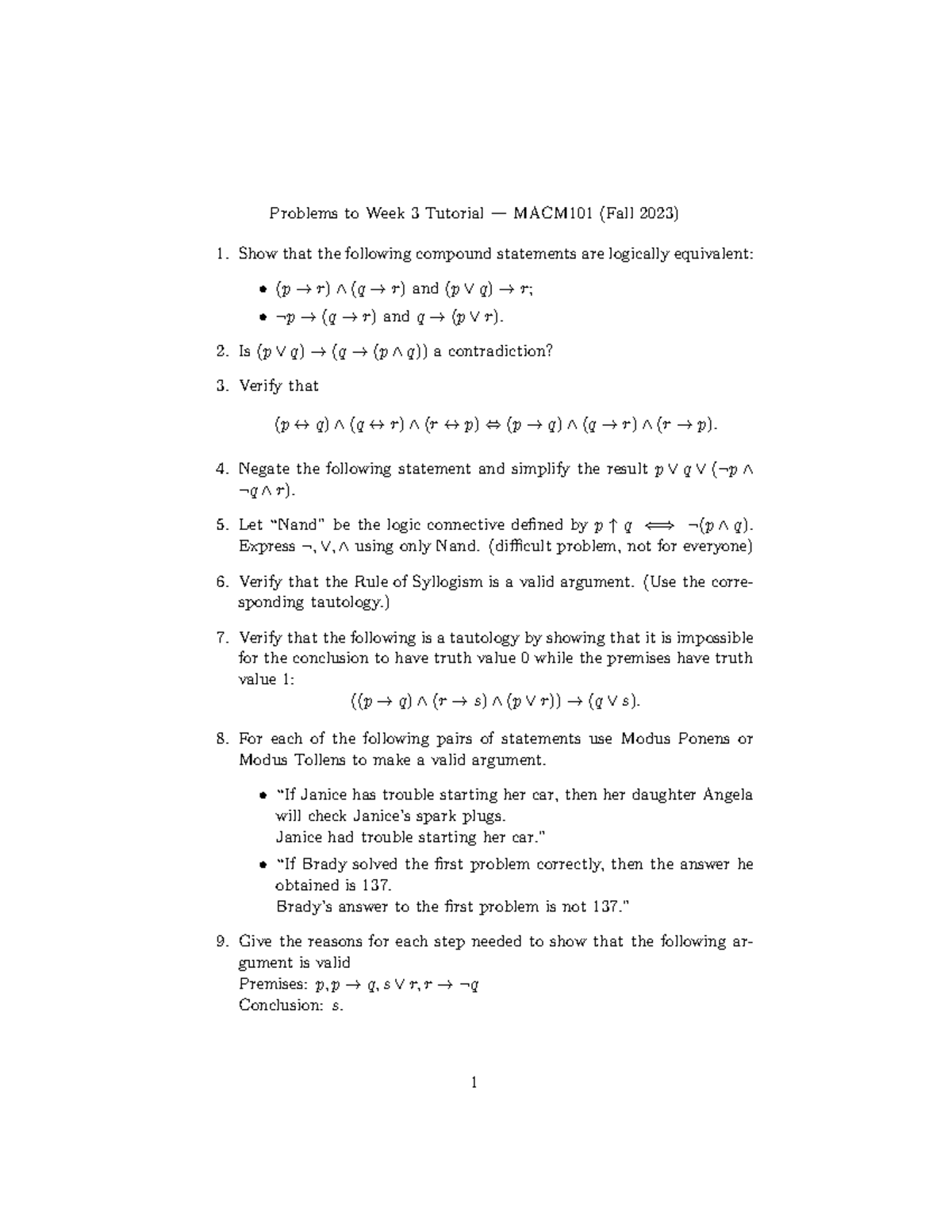 Tut2 - hello - Problems to Week 3 Tutorial — MACM101 (Fall 2023) Show that the following ...
