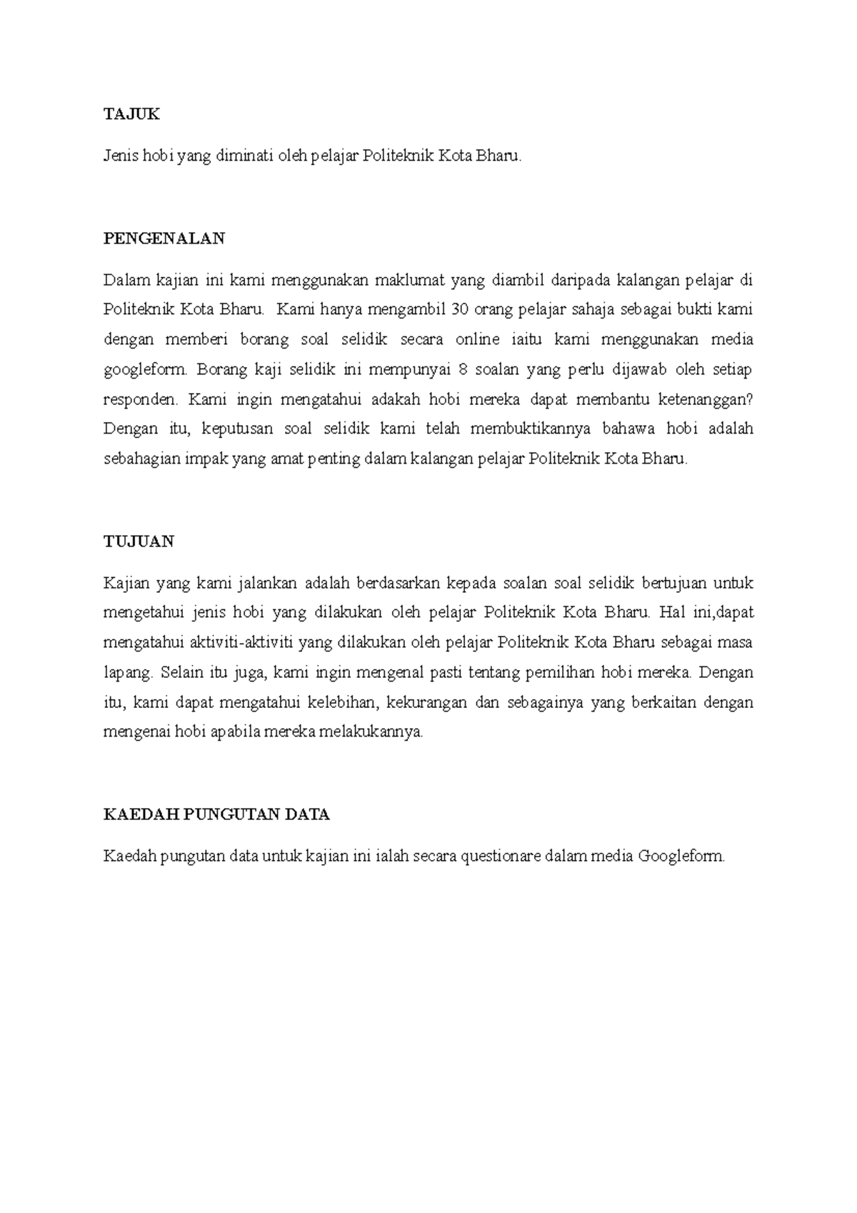 Rajah 1 data hobi - data analysis - TAJUK Jenis hobi yang diminati oleh ...