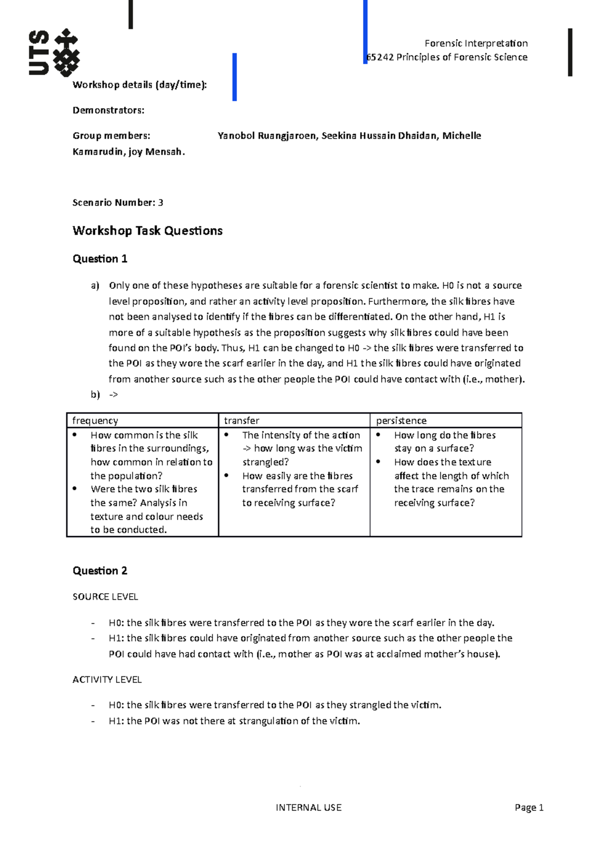 Worksheet -Workshop 3 - Forensic Interpretation 65242 Principles of ...