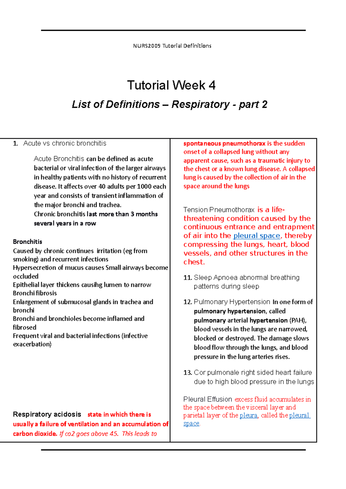 Definitions Respiratory part 2 - NURS2009 Tutorial De昀椀ni琀椀ons Tutorial Week 4 List of ...