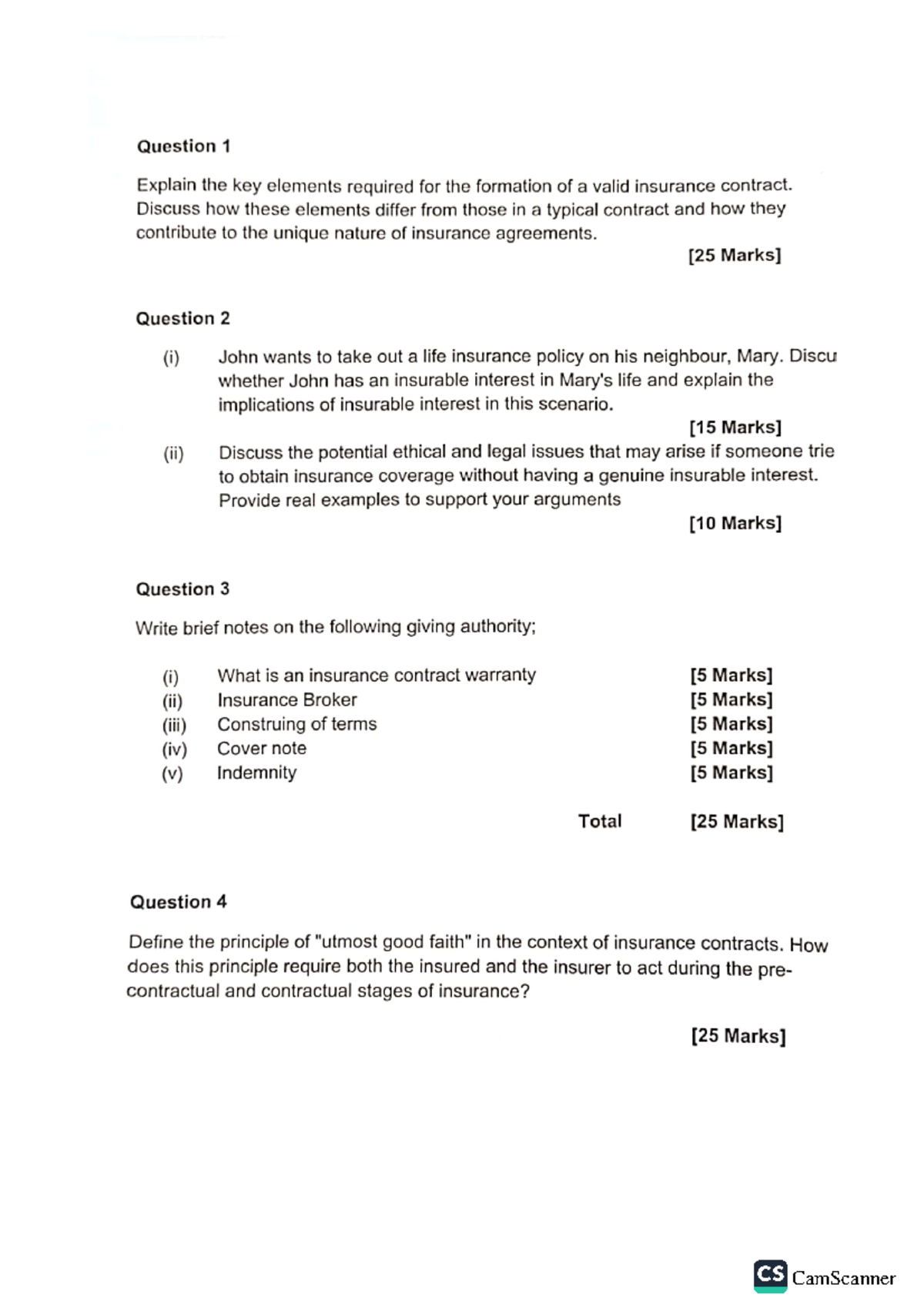 Insurance past paper - Insurance Law - CamScanner - Studocu