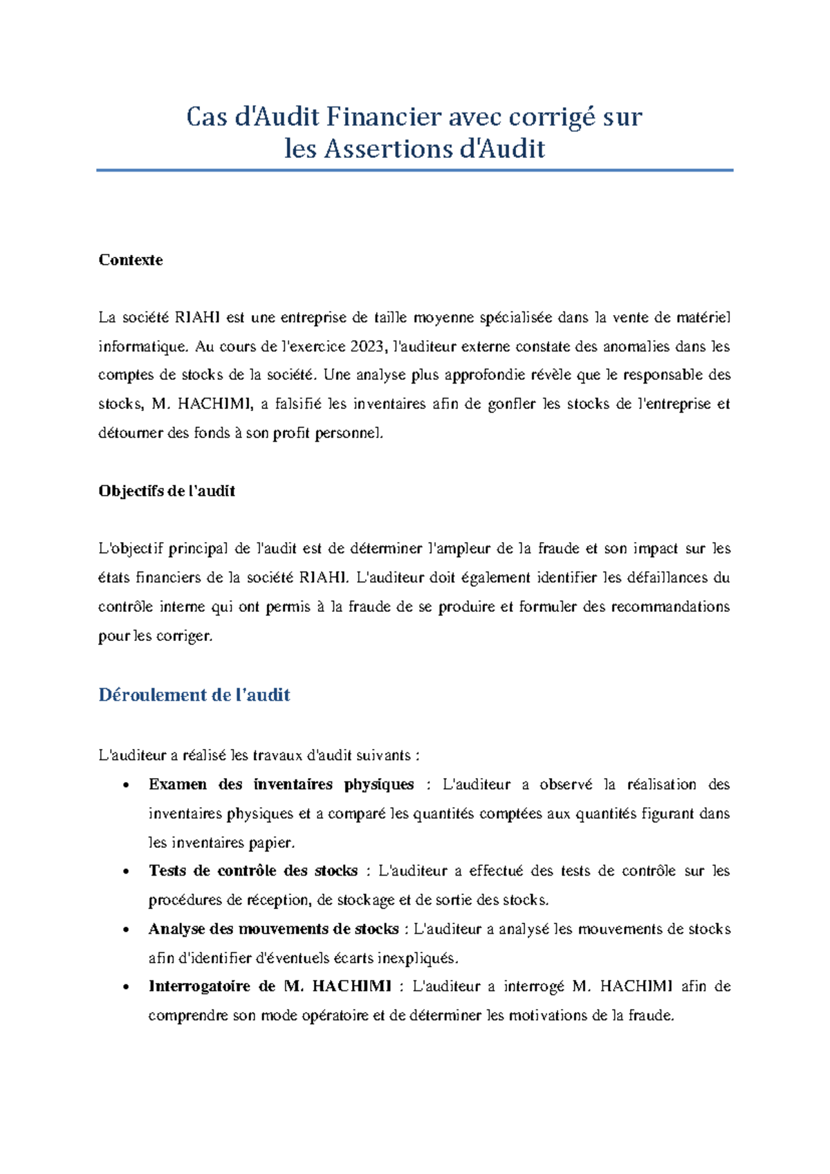 Les Assertions d'Audit Etude de cas avec Corrigé - Cas d'Audit Financier avec corrigé sur les ...