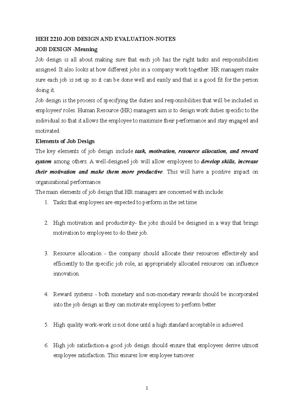 JOB Design & Evaluation - HEH 2210 JOB DESIGN AND EVALUATION-NOTES JOB ...