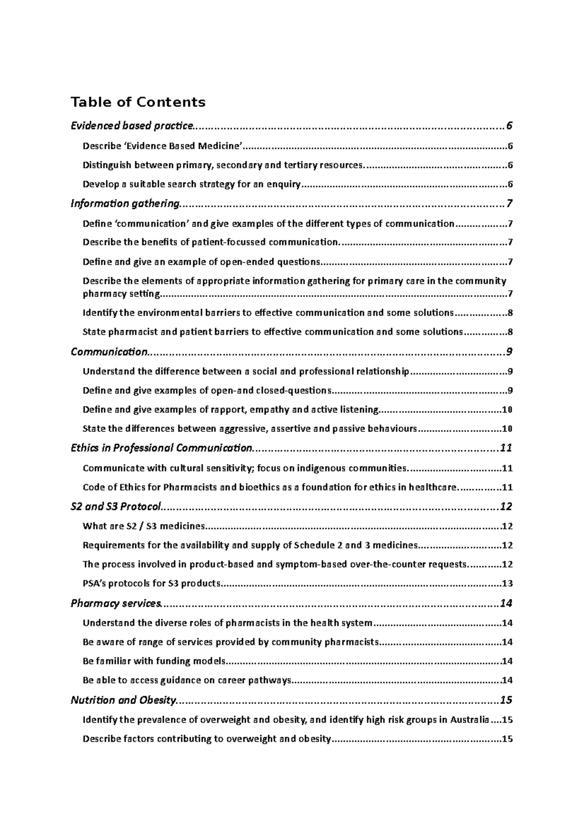 Outcome notes - Table of Contents Evidenced based - Studocu